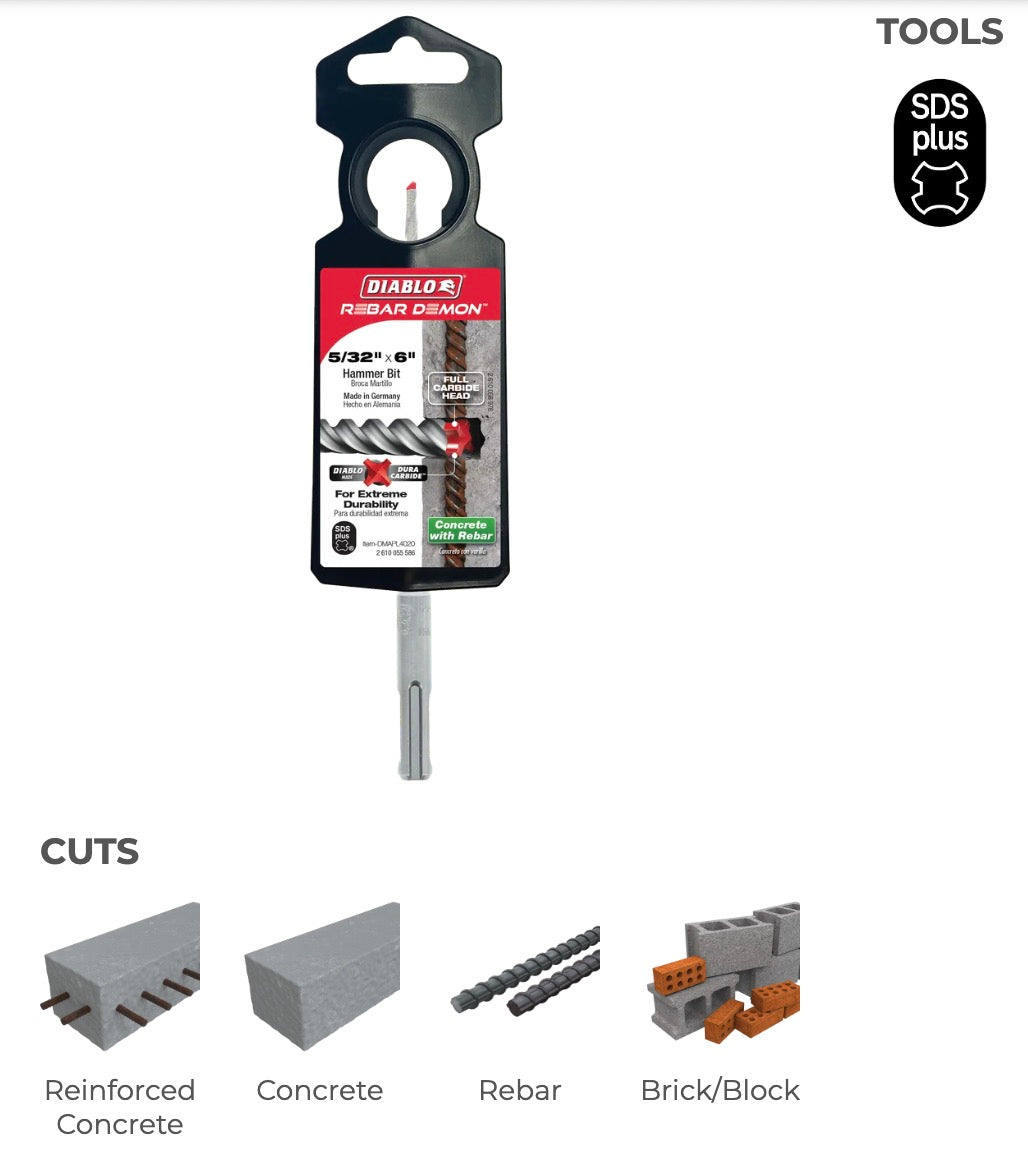 5/32"x4"x6" REBAR DEMON SDS-PLUS 4-CUTTER FULL CARBIDE HEAD HAMMER DRI ...